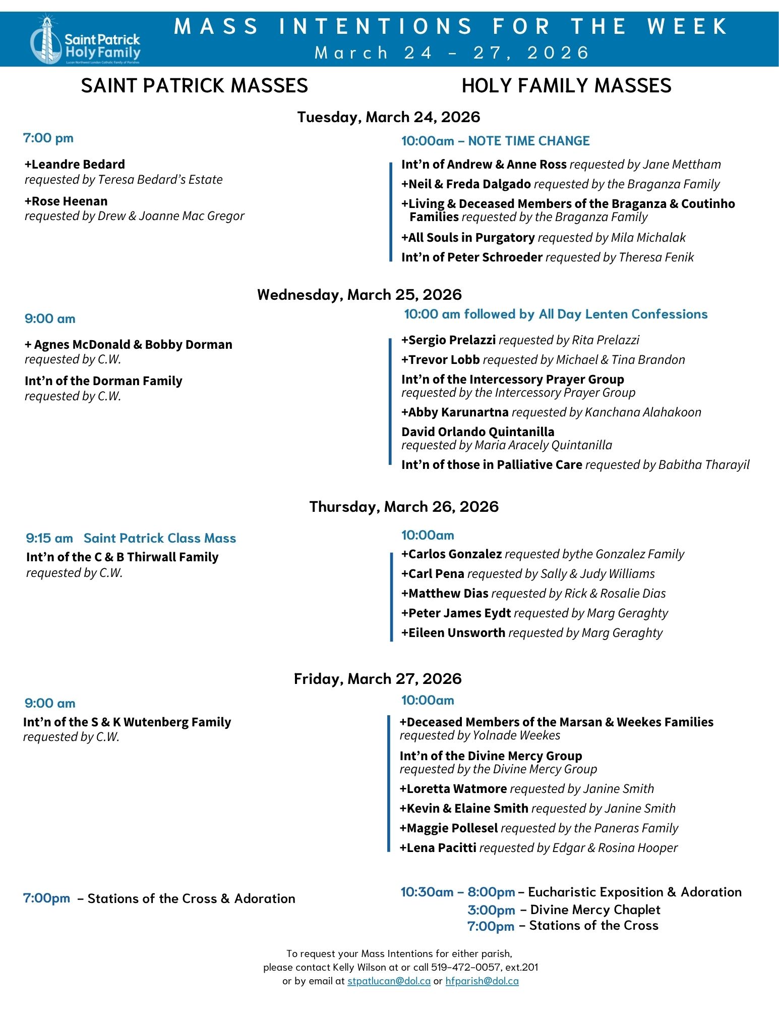 Mass Intentions for March 24-27, 2026 - Schedule